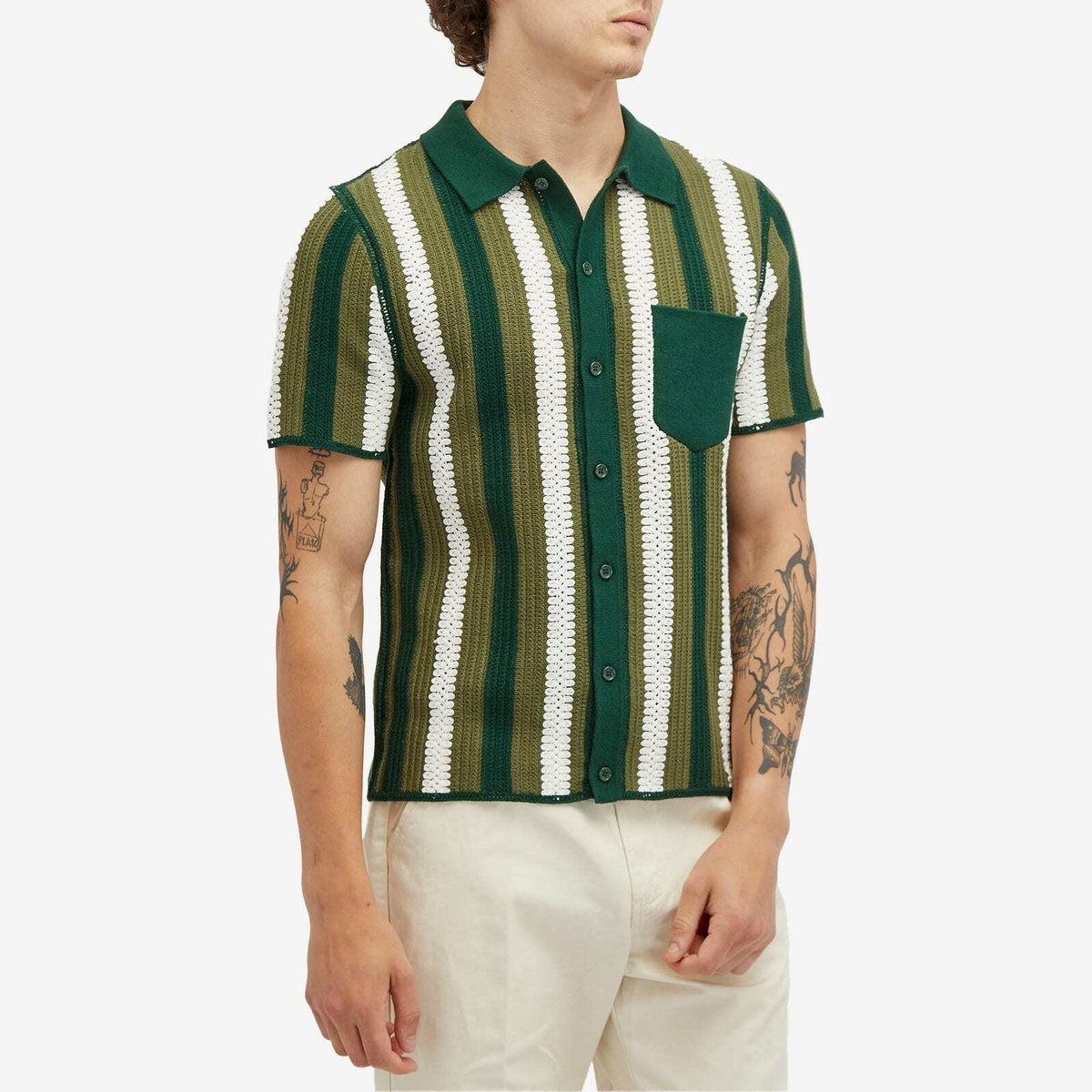 Percival Men's Pathos Crochet Stripe Shirt in Forest Percival