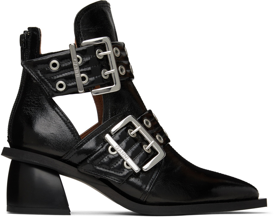 GANNI Black Chunky Buckle Open Cut Boots GANNI