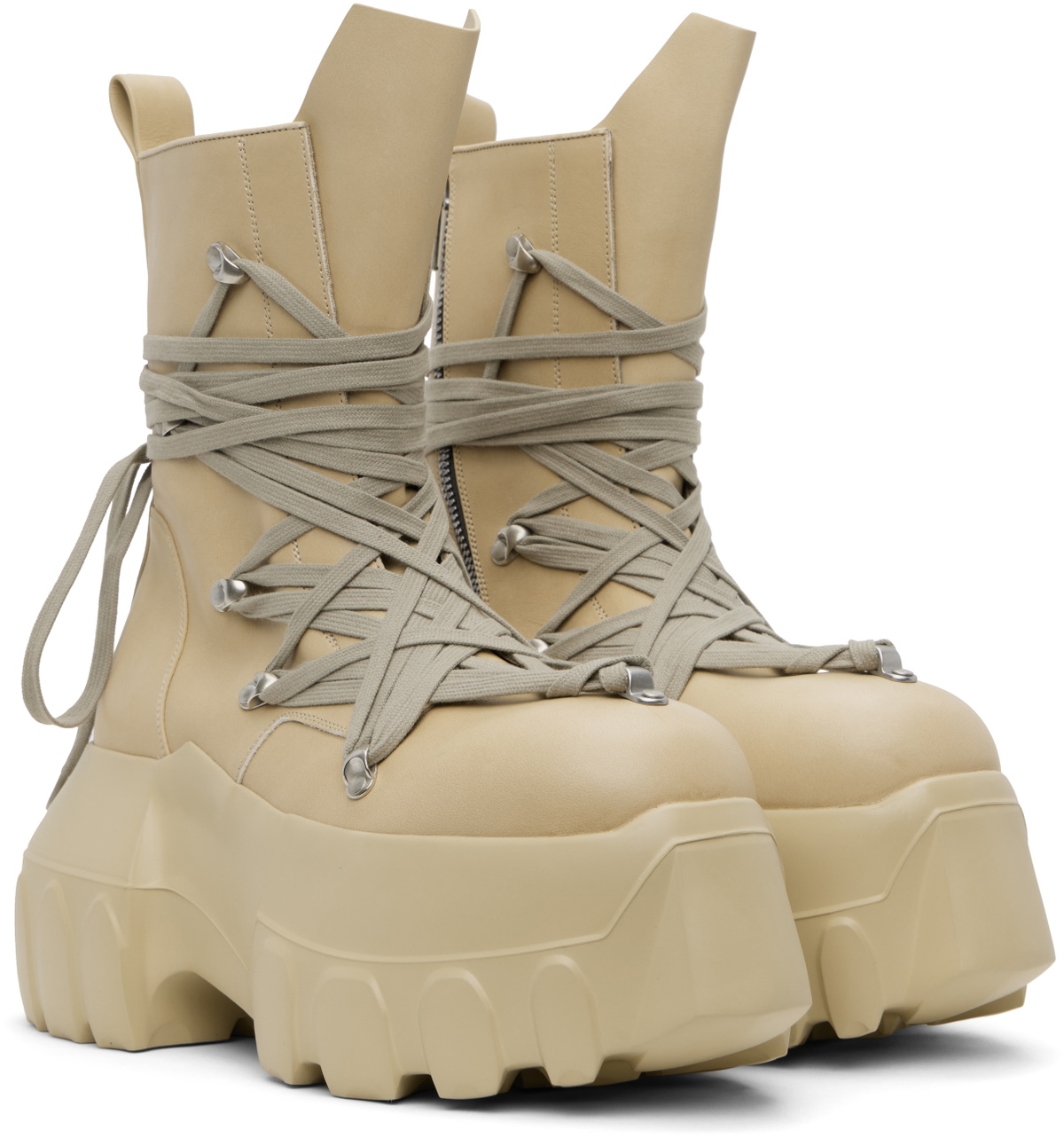 Rick Owens Beige Hollywood Megalace Mega Tractor Boots Rick Owens