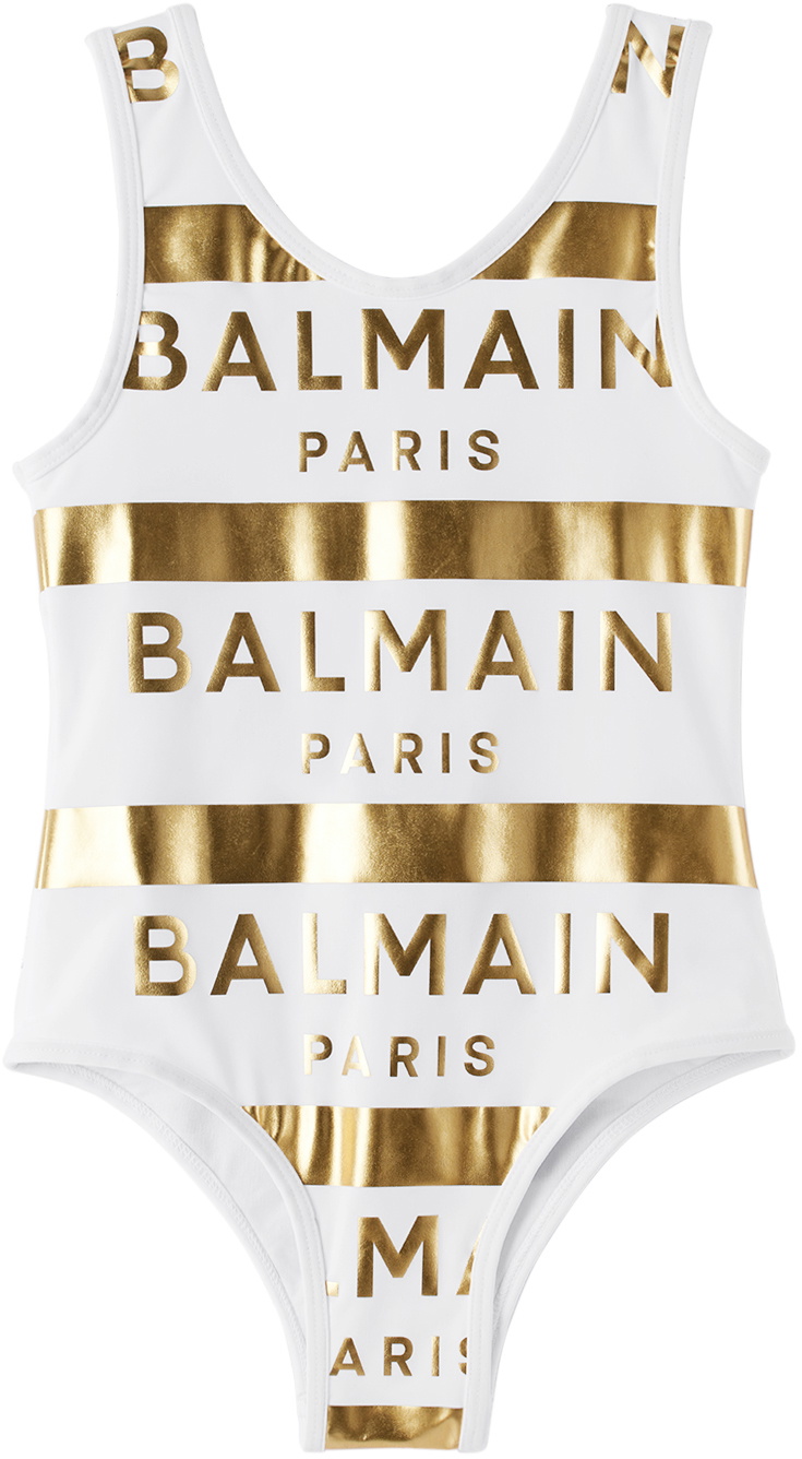 Balmain Kids White Striped One-Piece Swimsuit Balmain