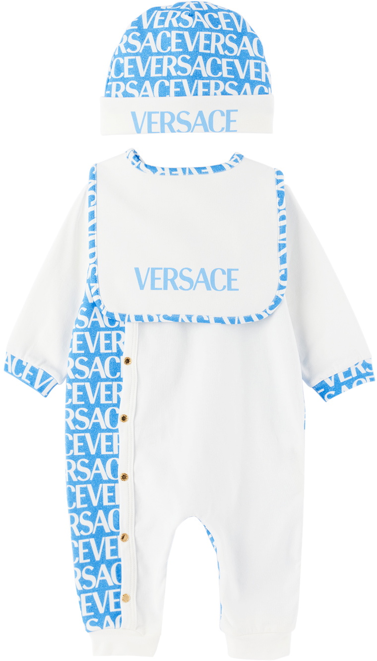 Versace Baby White & Blue Allover Three-Piece Set Versace