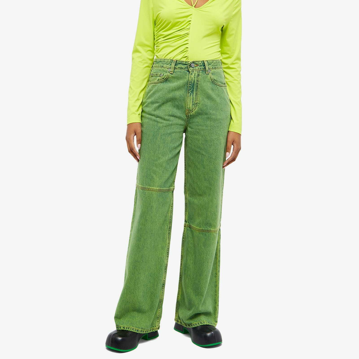 GANNI Women's Overdyed Bleach Denim Magny Jean in Lime Punch GANNI