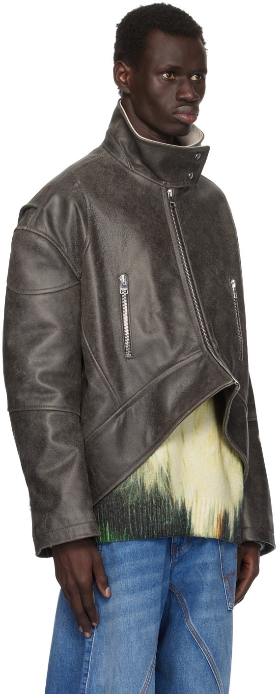 JW Anderson Gray Curved Hem High Neck Leather Jacket JW Anderson