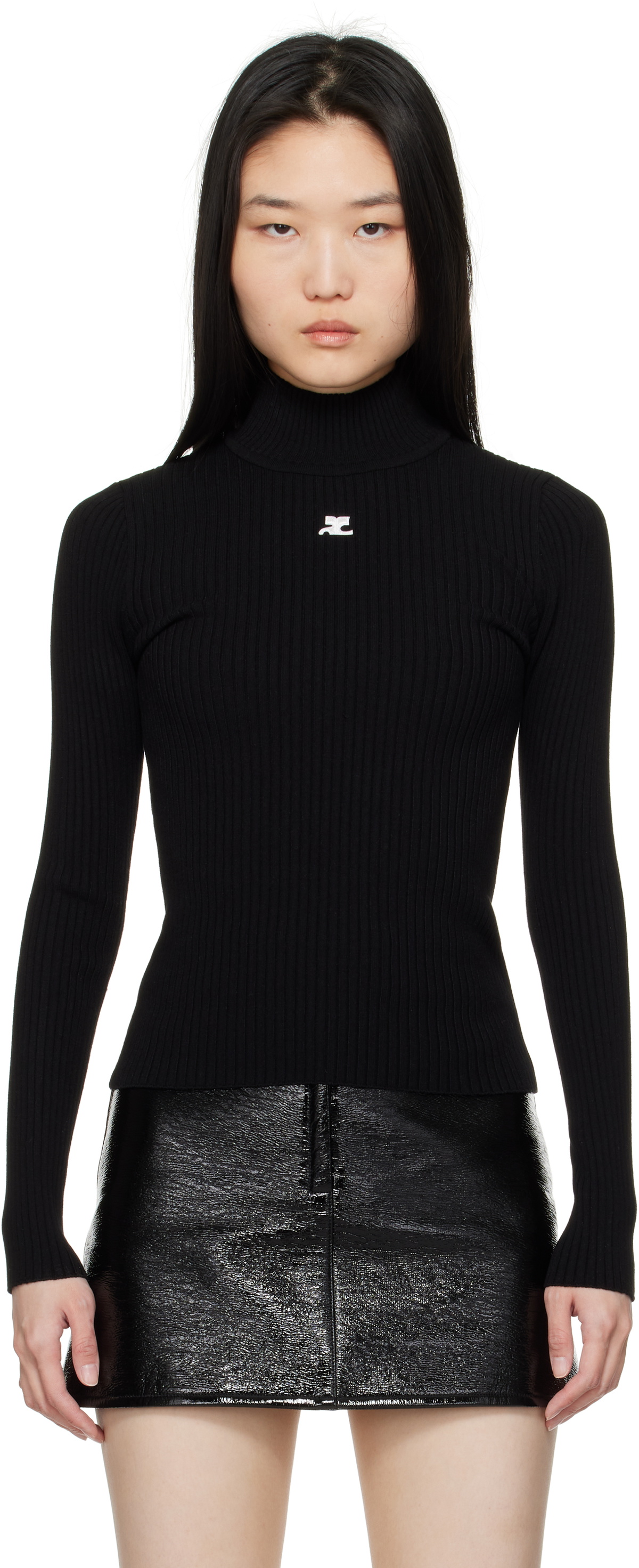 Courrèges Black Reedition Rib Knit Mock Neck Sweater Courreges