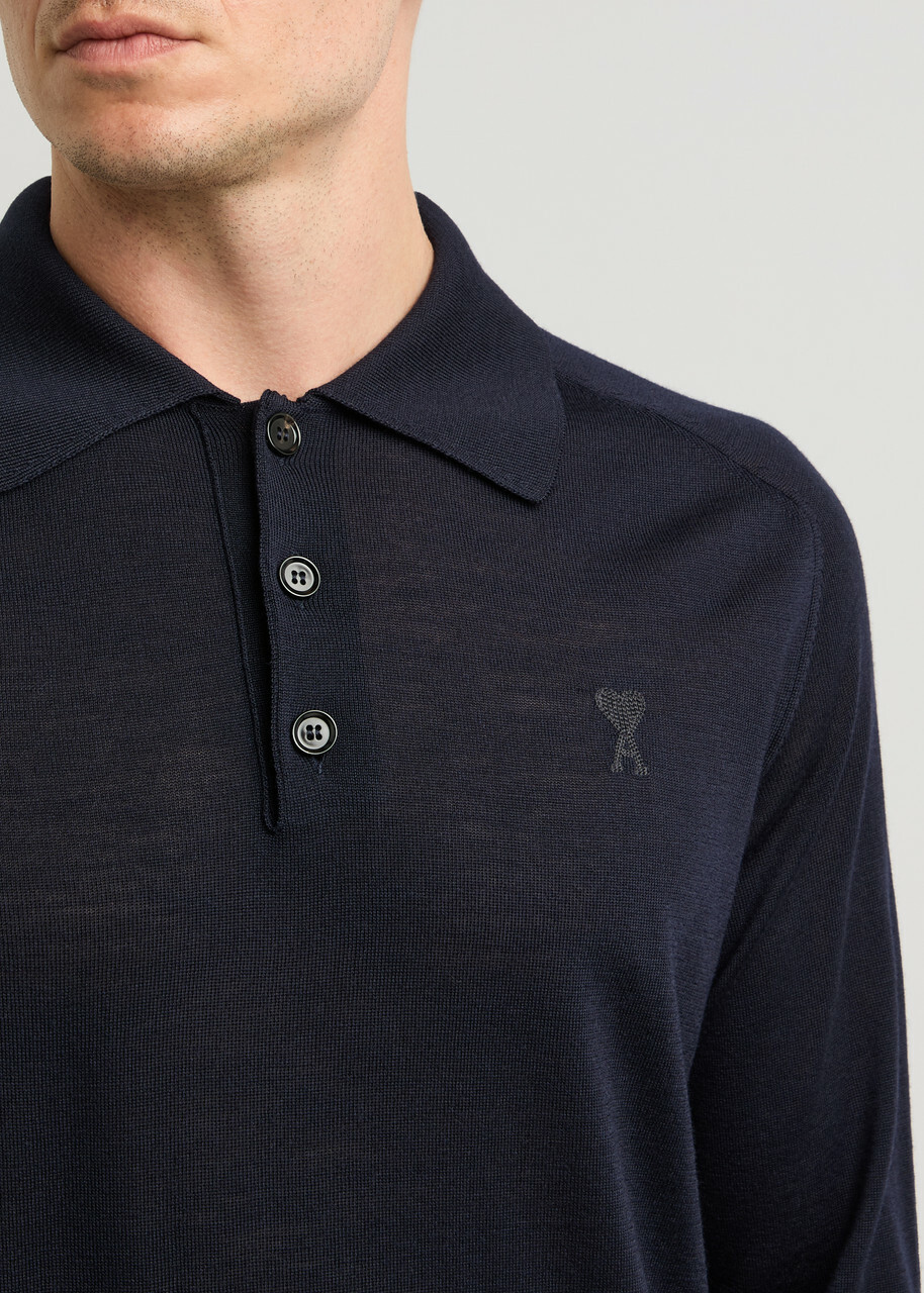 Ami Paris Logo-embroidered Wool Polo Shirt Blue AMI