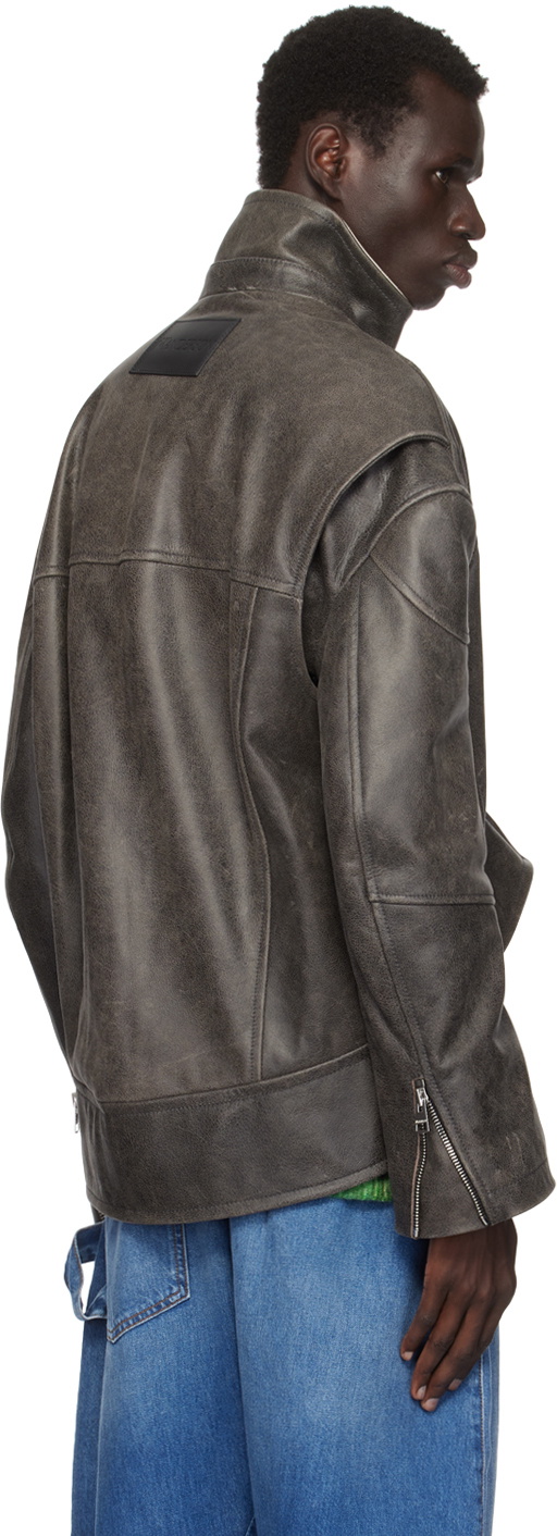 JW Anderson Gray Curved Hem High Neck Leather Jacket JW Anderson