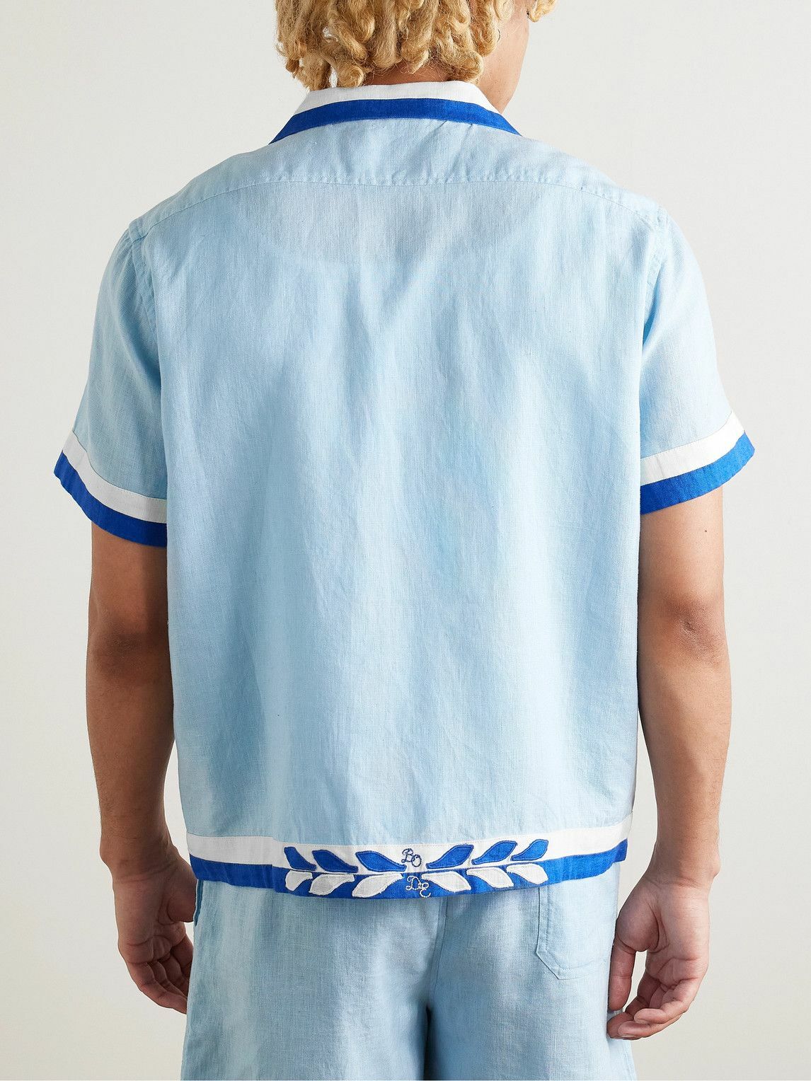 BODE - Seedling Stripe Camp-Collar Appliquéd Linen Shirt - Blue Bode