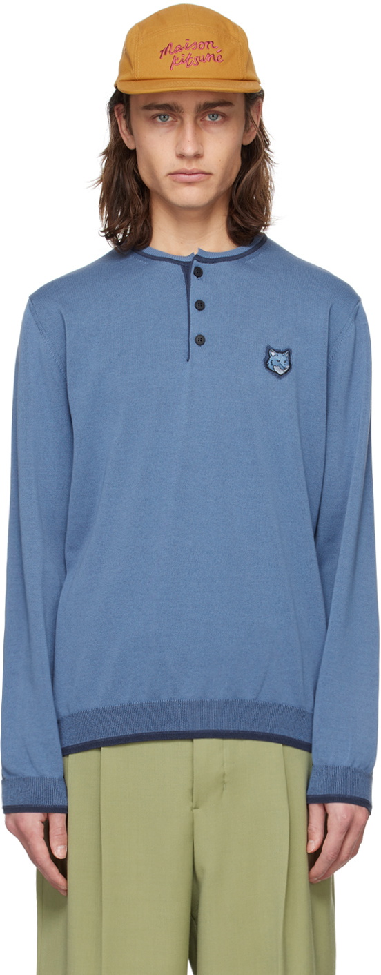 Maison Kitsuné Blue Bold Fox Head Henley Maison Kitsune
