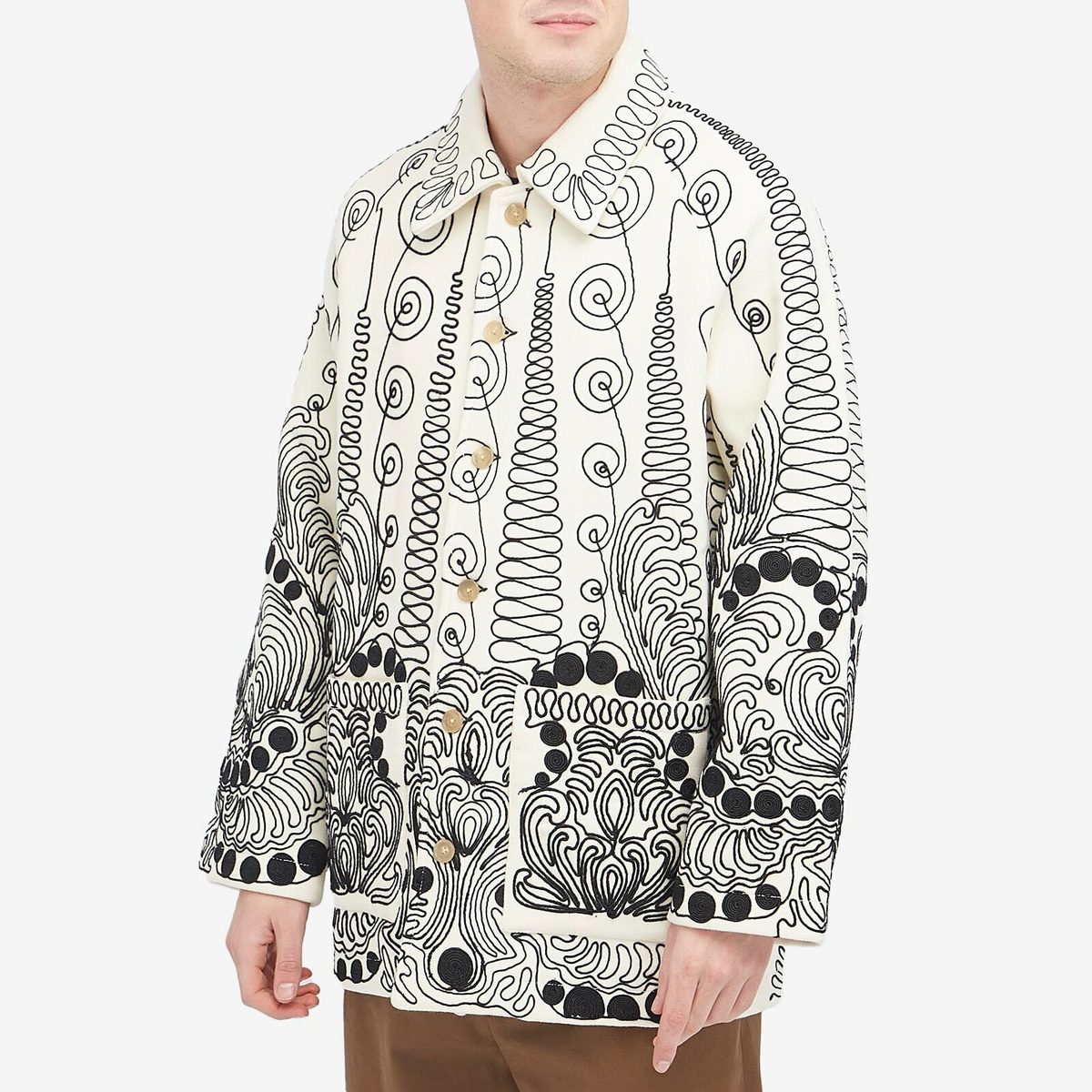 BODE Men's Quillwork Coat in Cream Black Bode