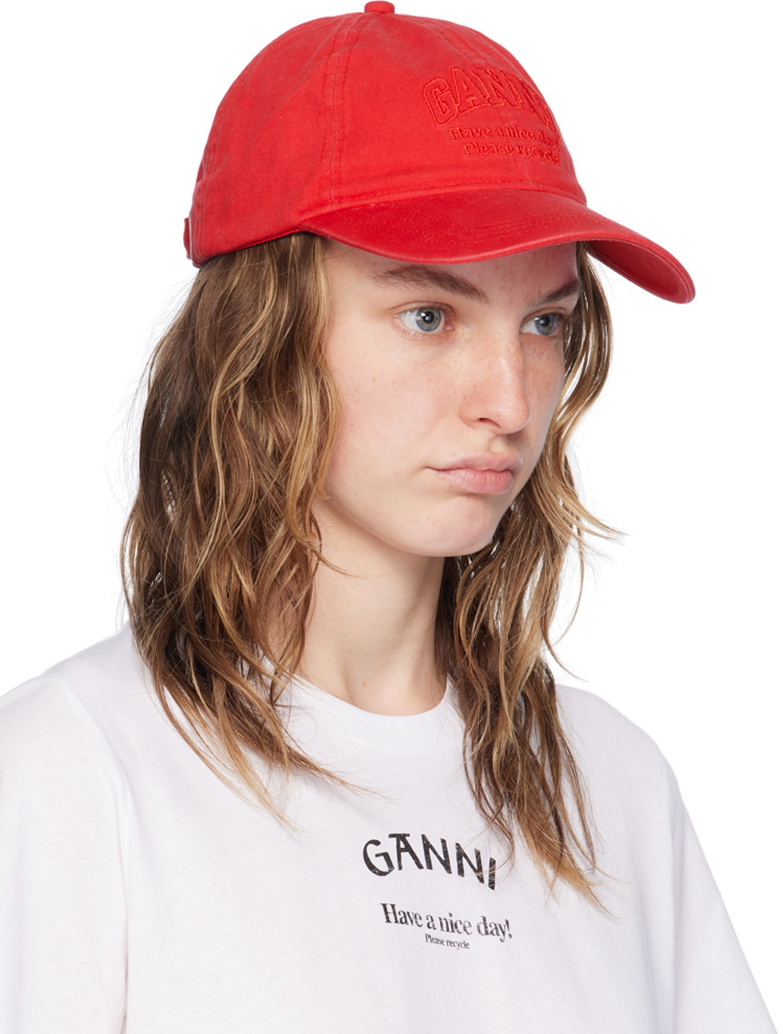 GANNI Red Embroidered Logo Cap GANNI