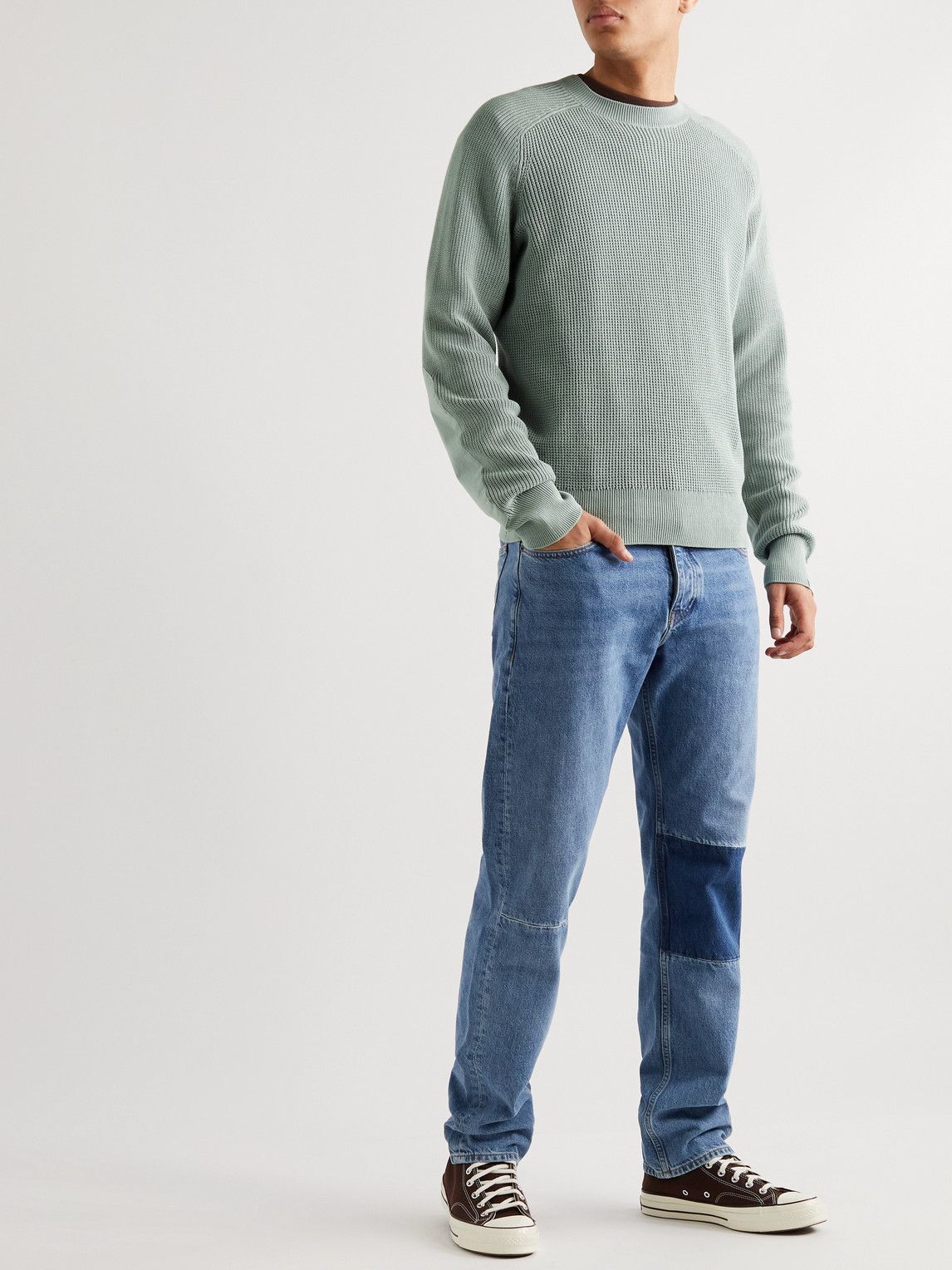 Rag & Bone - Dexter Twill-Trimmed Ribbed Cotton Sweater - Blue Rag and Bone