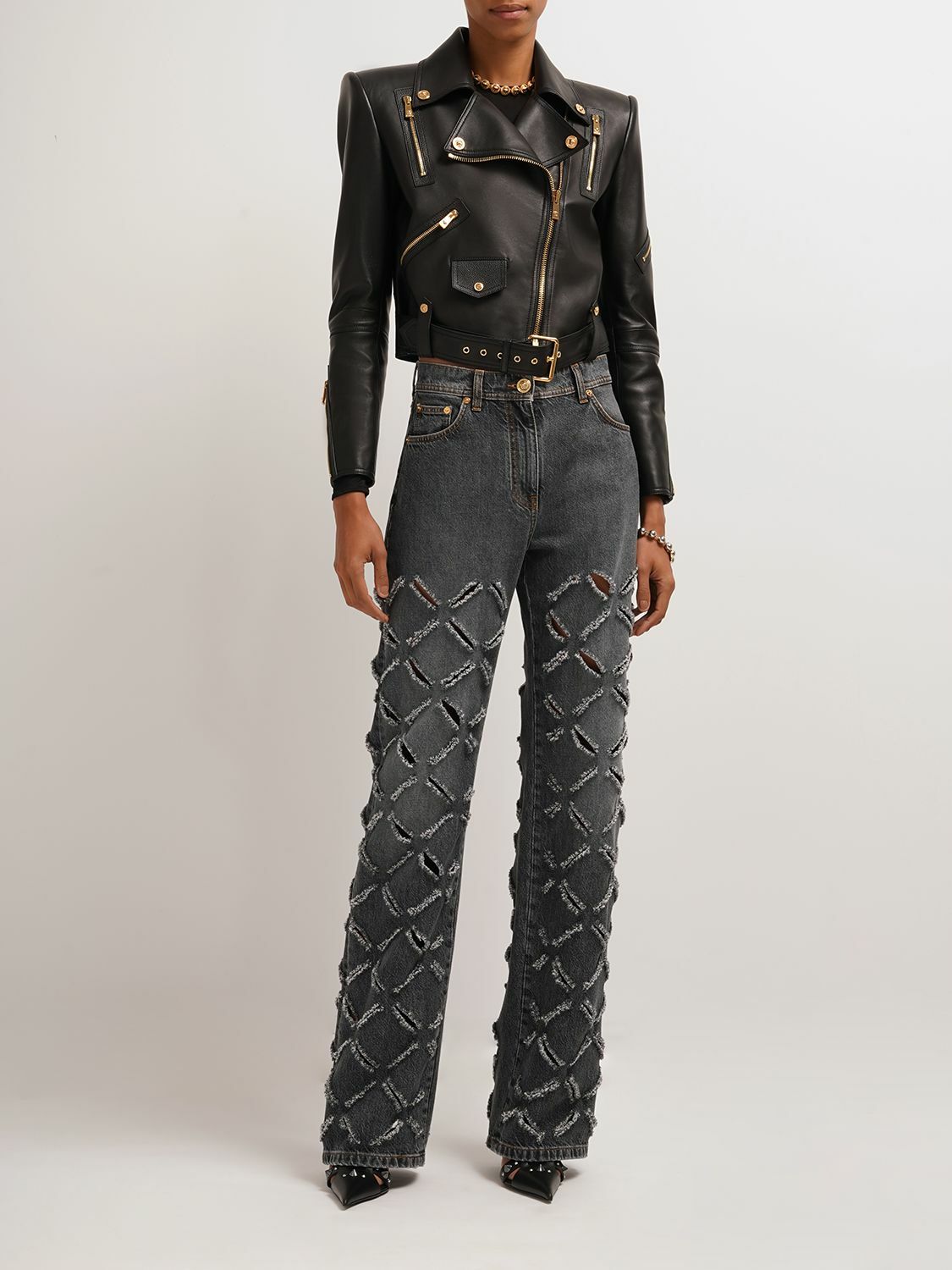 VERSACE - Belted Leather Zip-up Biker Jacket Versace