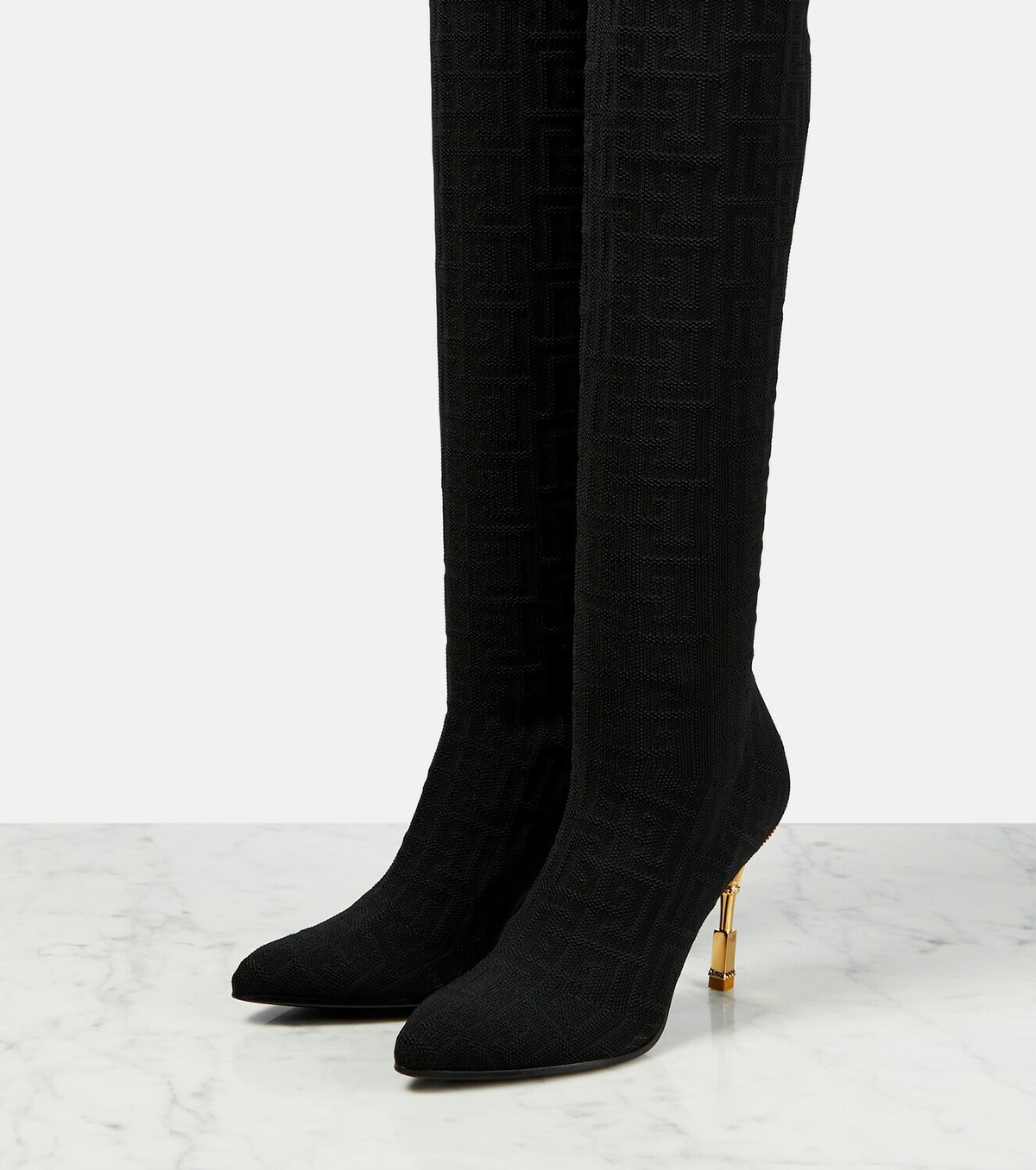 Balmain - Moneta monogram mesh over-the-knee boots Balmain
