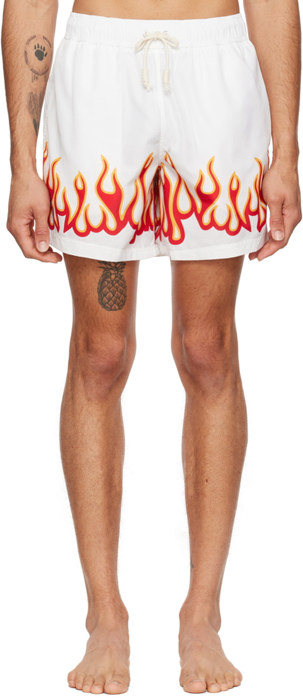 Palm Angels White Burning Flames Swim Shorts Palm Angels