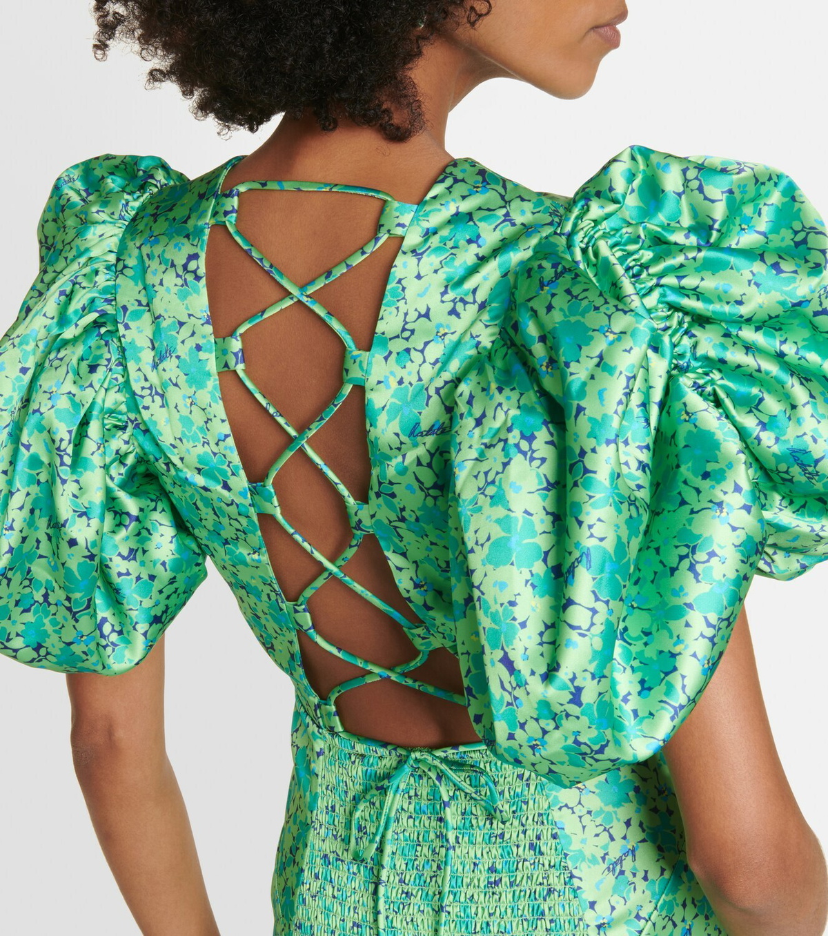 Rotate Birger Christensen Floral puff-sleeve satin midi dress ROTATE ...