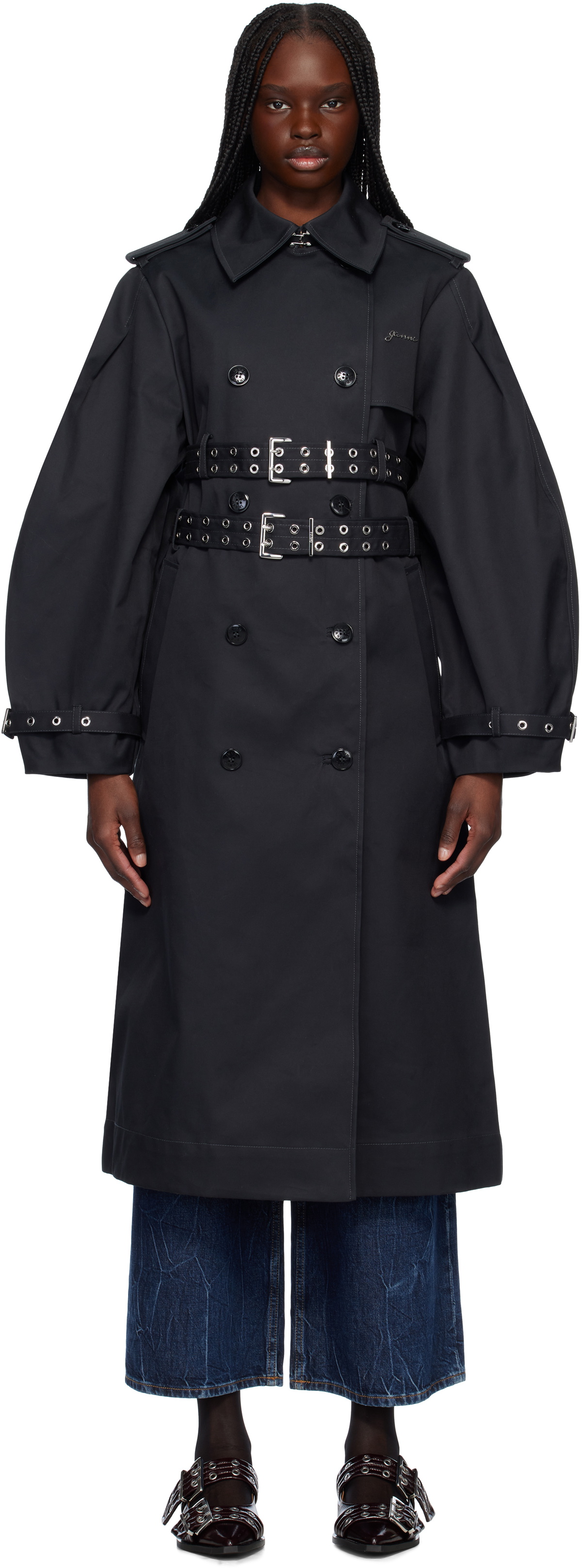GANNI Black Bonded Cotton Trench Coat GANNI