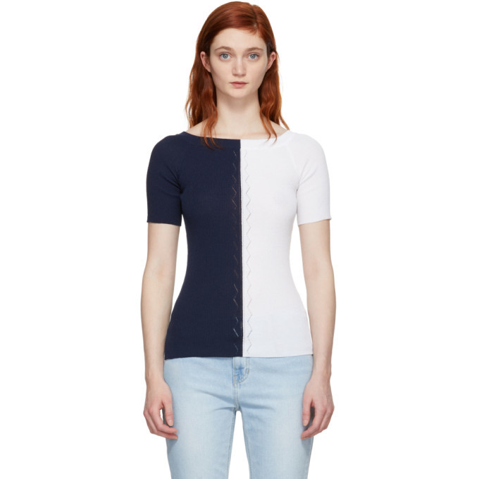 SJYP Navy and White Knit Off-the-Shoulder Sweater SJYP