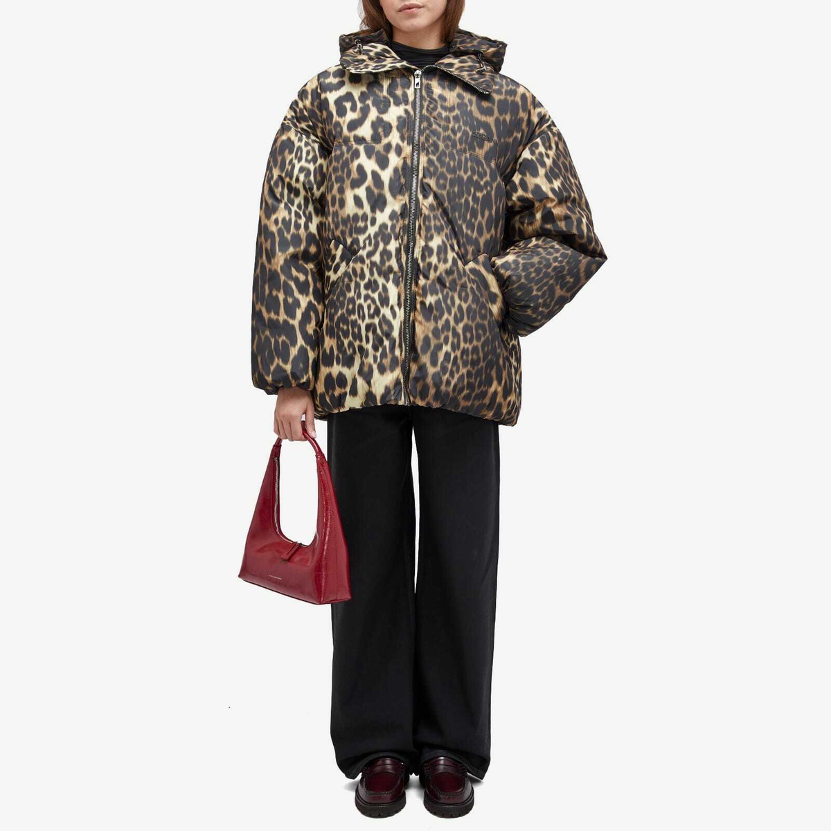 GANNI Women's Leopard Puffer Jacket in Almond Milk GANNI