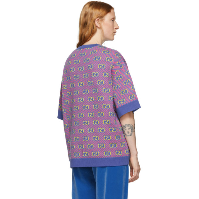 Gucci Blue and Pink Jacquard Stripe GG Short Sleeve Sweater Gucci