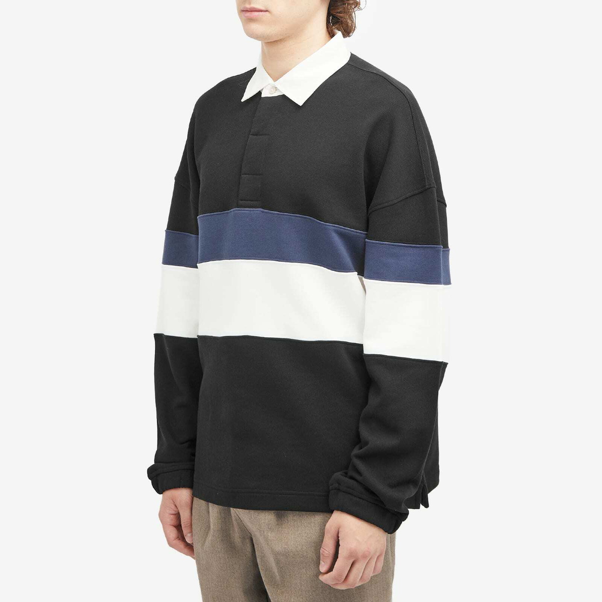 Wax London Men's Bow Stripe Rugby Shirt in Black/Navy Wax London