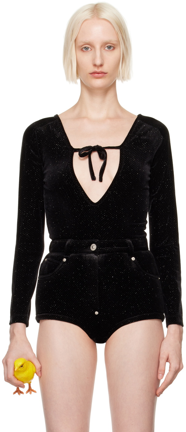 Pushbutton Black Front Self Tie Bodysuit Pushbutton