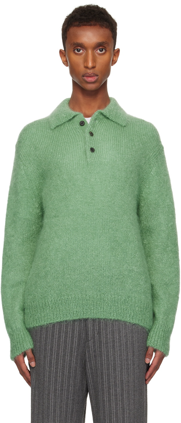 Solid Homme Green Mohair Collar Neck Knit Polo Solid Homme