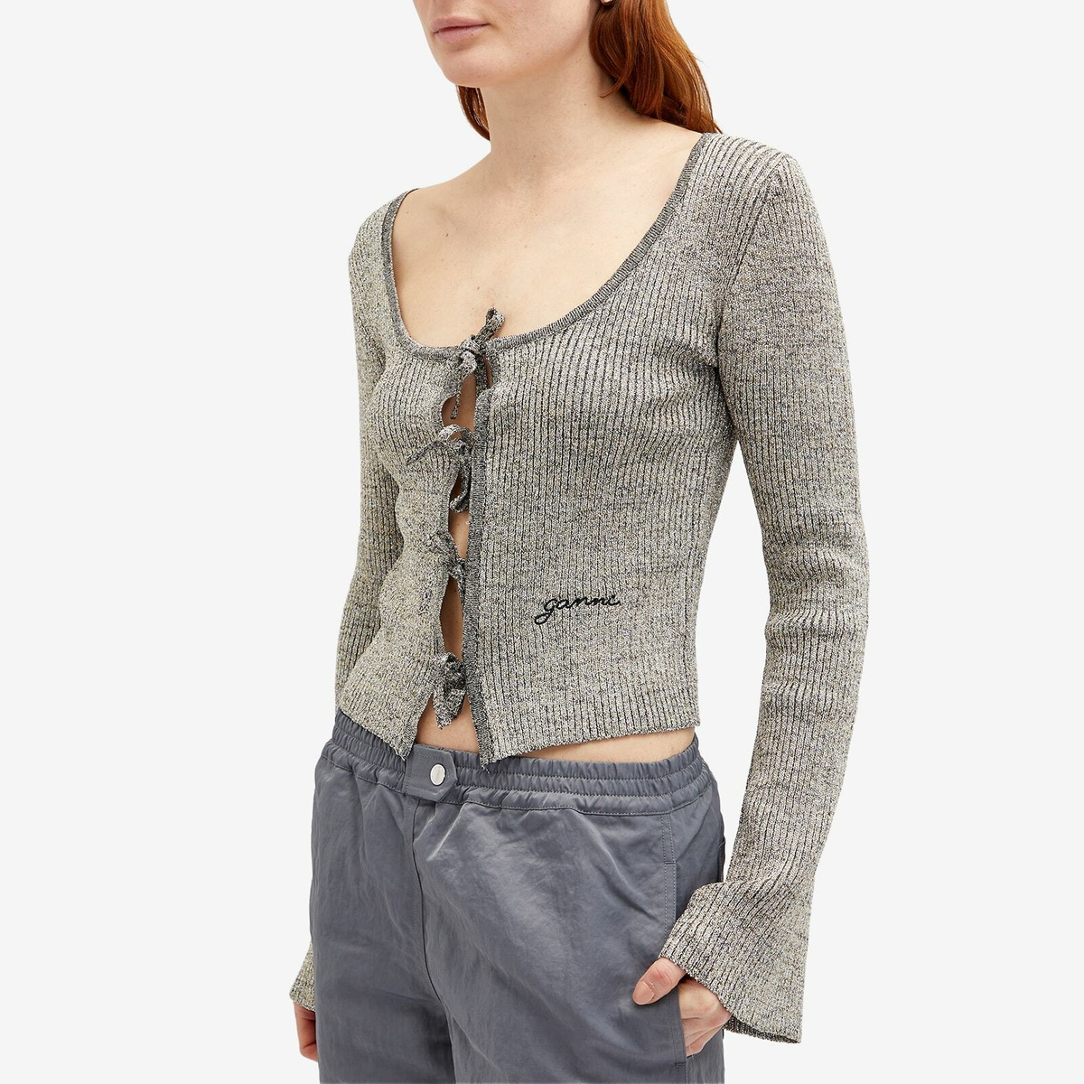 GANNI Women's Sparkle Rib Blouse in Silver GANNI