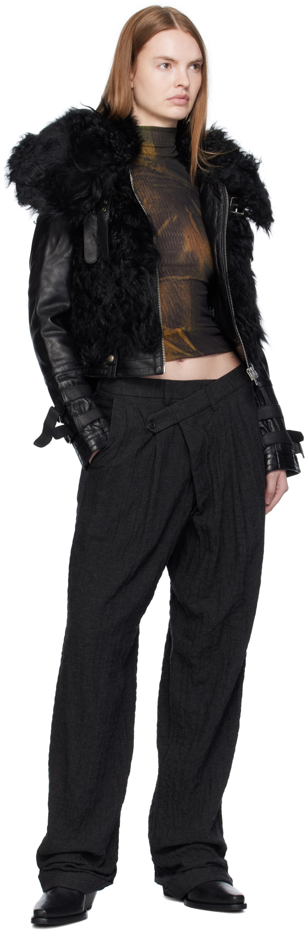 R13 Black Tripe Pleat Crossover Trousers R13