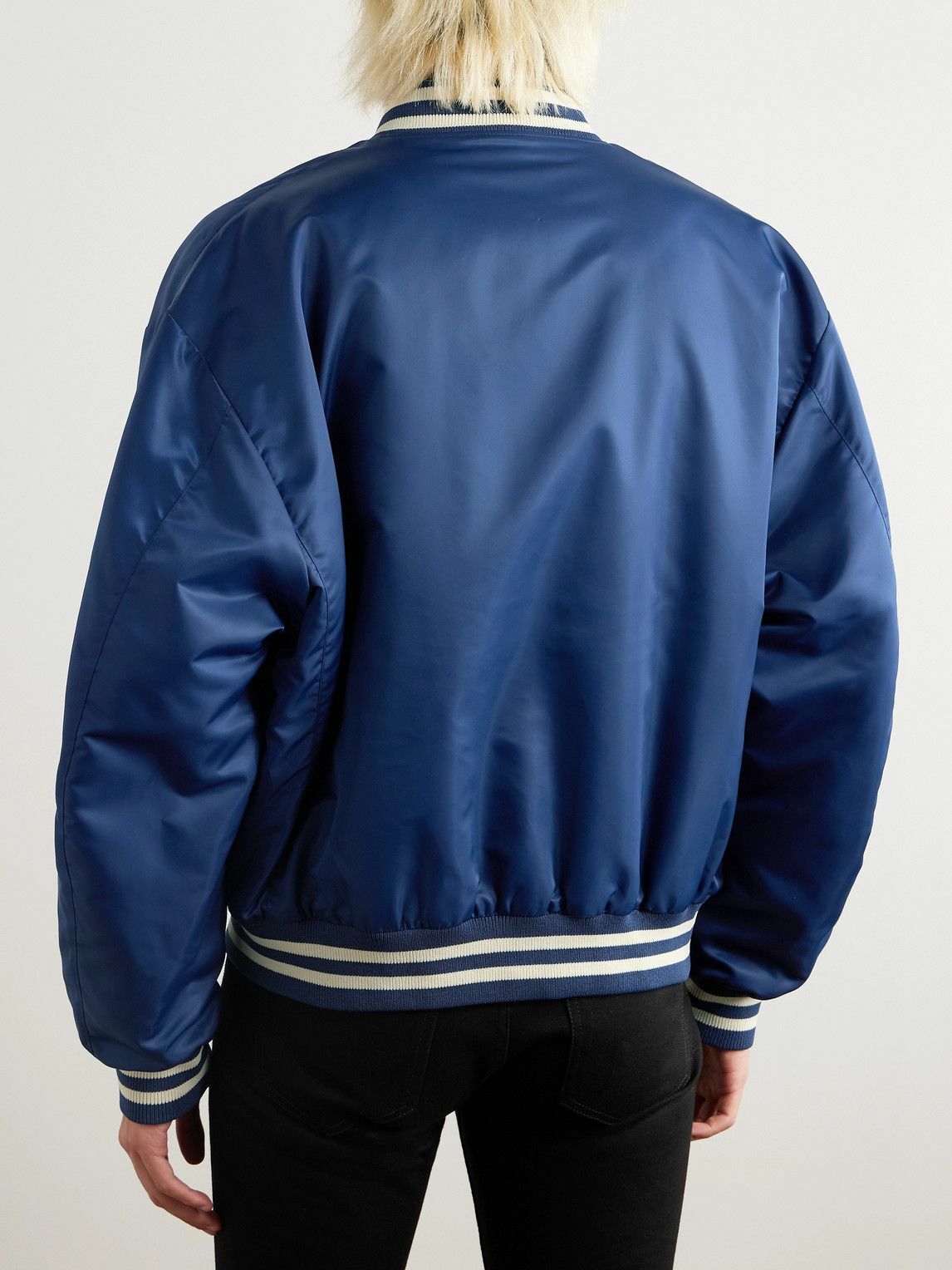 CELINE - Logo-Appliquéd Striped Satin Bomber Jacket - Blue Celine