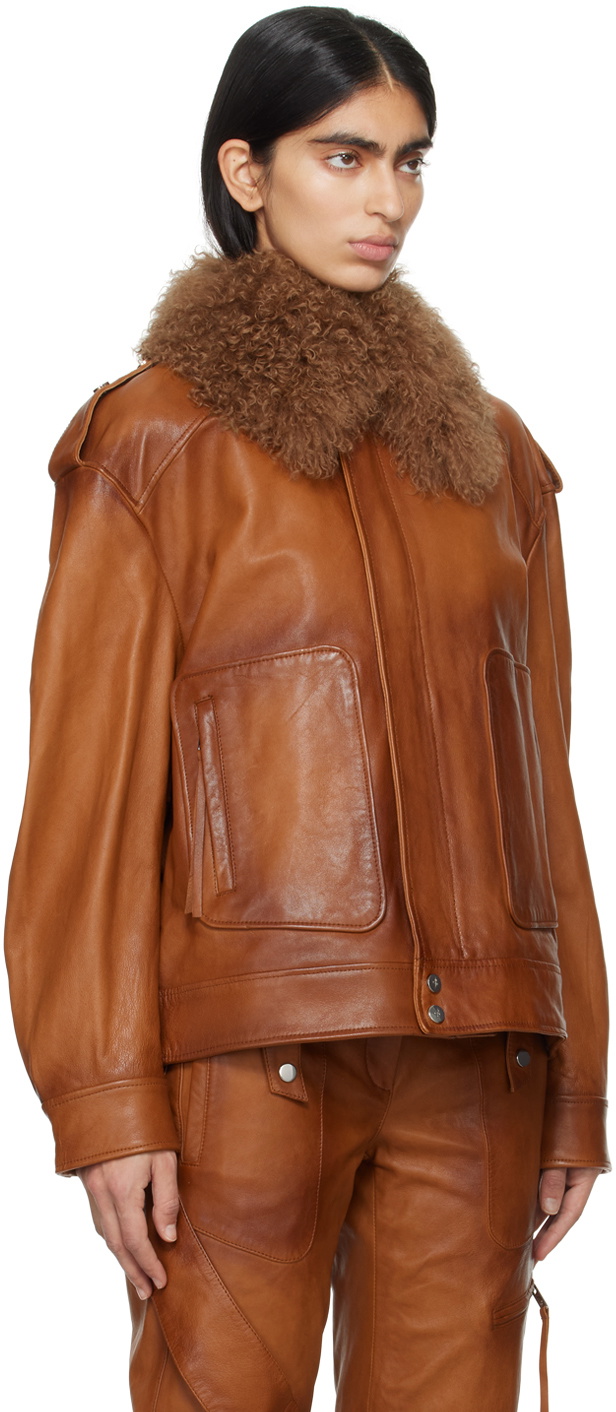 Blumarine Brown Detachable Collar Leather Jacket Blumarine