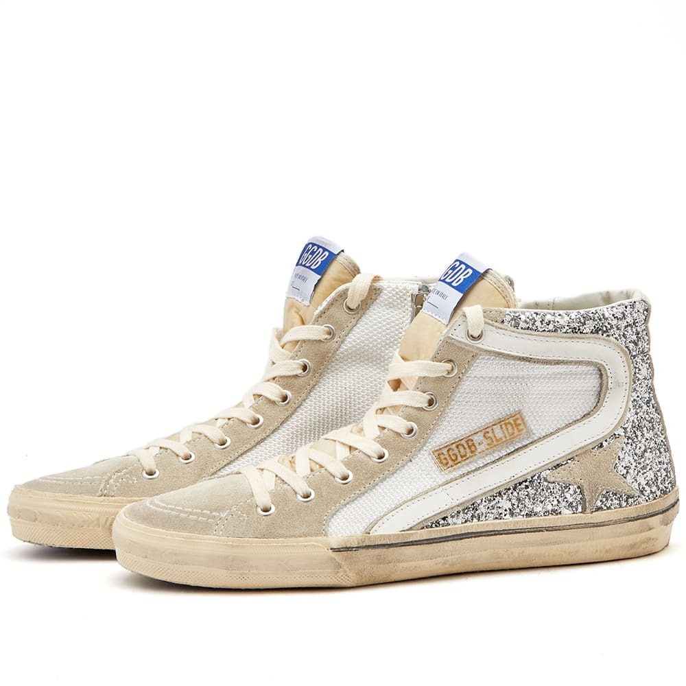 Golden Goose Women's Slide Net Sneakers in Silver/White/Marble Golden ...