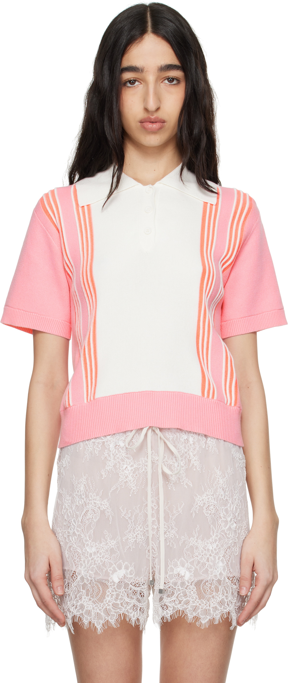 Anna Sui Pink & White Amalfi Knit Short Sleeve Polo Anna Sui