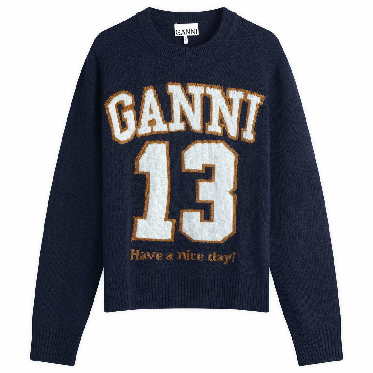 GANNI Women's Graphic Wool Baseball Jumper in Sky Captain GANNI