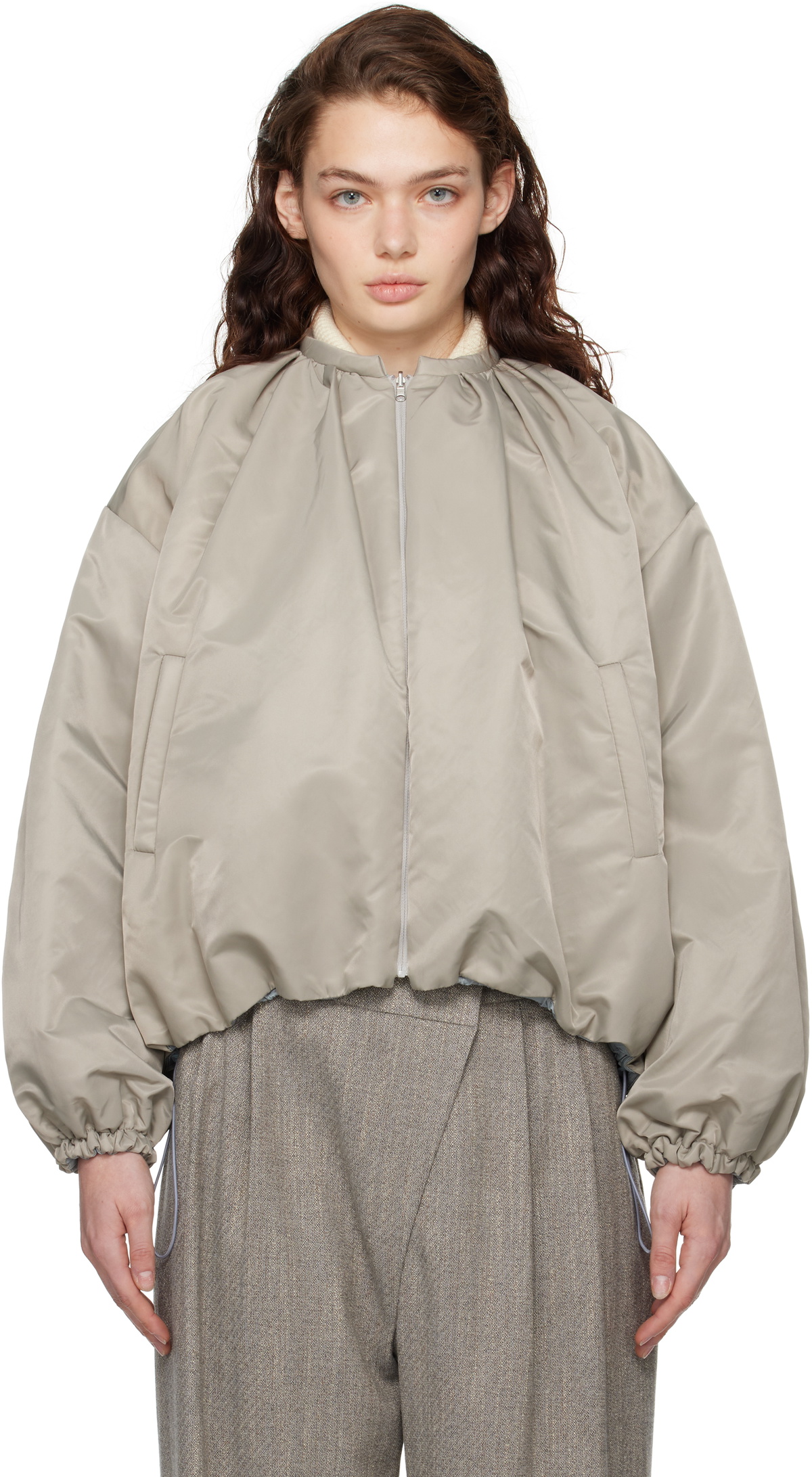AMOMENTO Beige & Blue Quilted Padded Reversible Bomber Jacket AMOMENTO