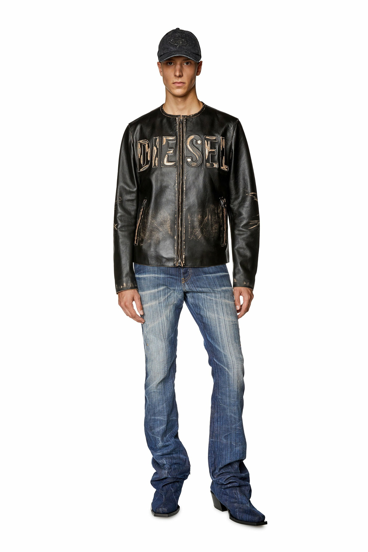 Diesel Distressed leather jacket with metal logo - Leather jackets Mens ...
