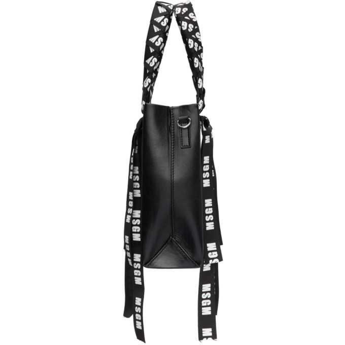 MSGM Black Leather Logo Ribbons Tote MSGM