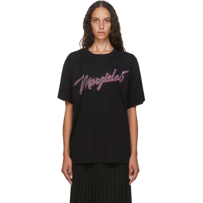 MM6 Maison Margiela Black and Pink Logo Oversize T-Shirt MM6 Maison Margiela