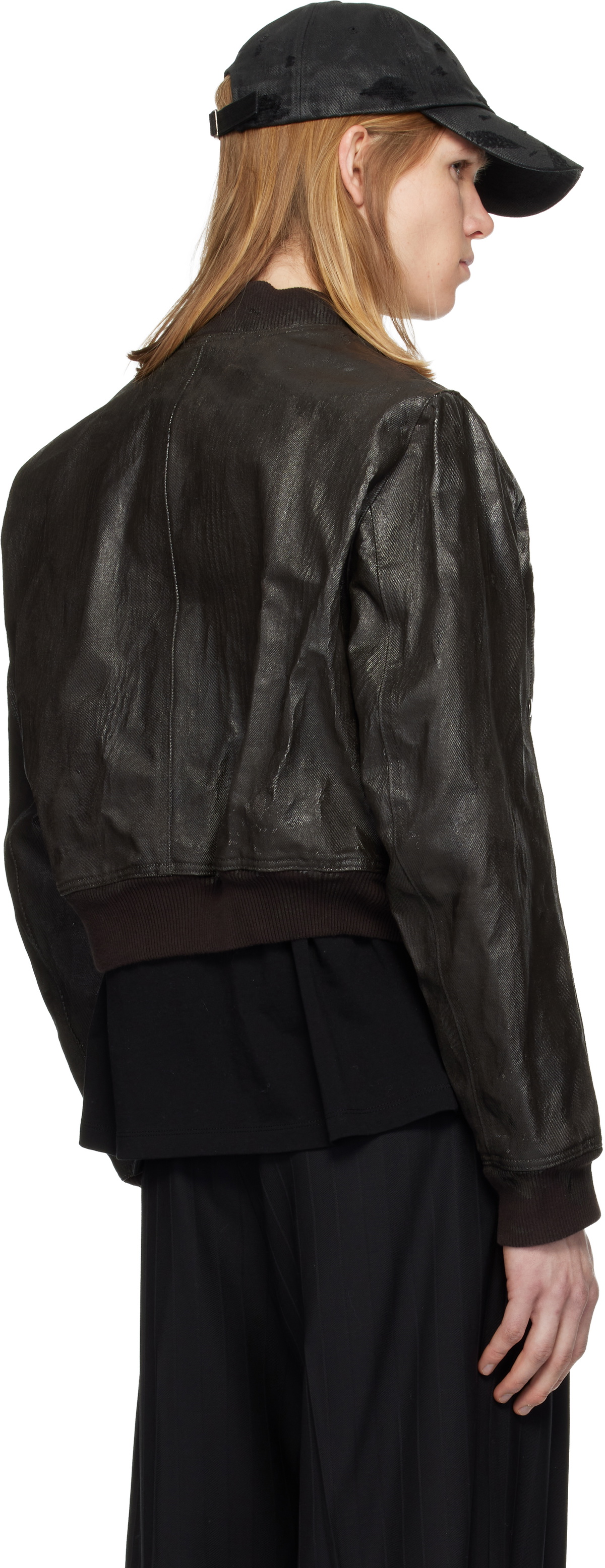 DET BLEV SENT Brown Locust Crack Waxed Denim Bomber Jacket