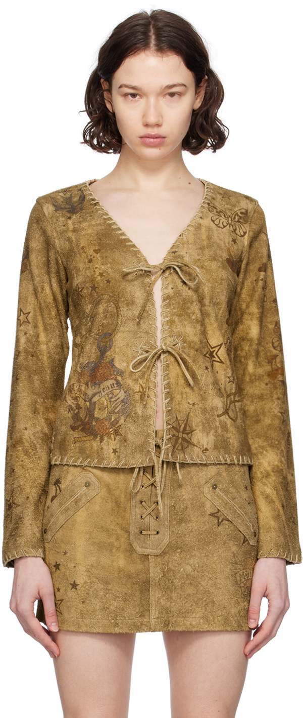 GUESS USA Tan Printed Suede Blouse GUESS