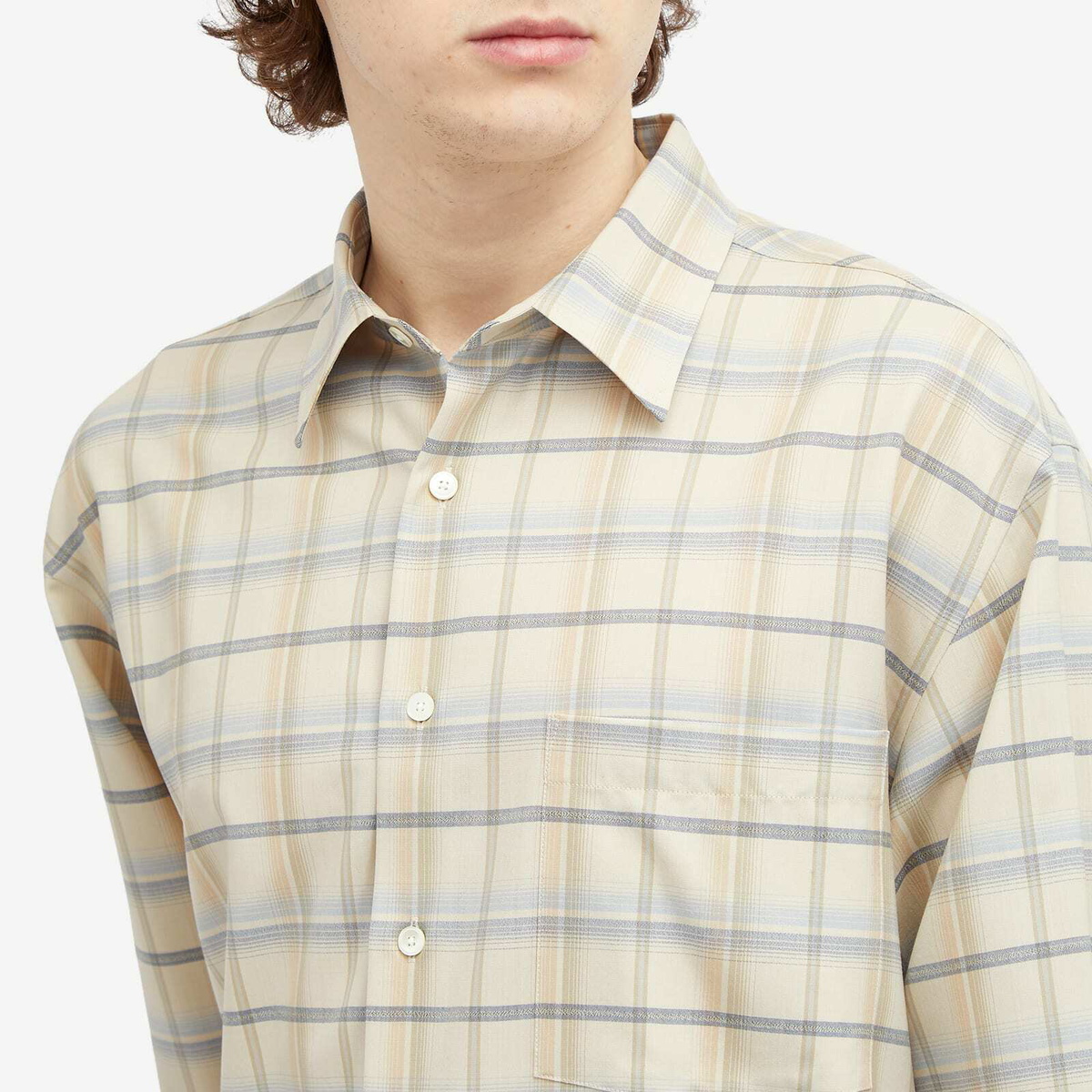 Auralee Men's Superlight Wool Check Shirt in Light Beige Check Auralee