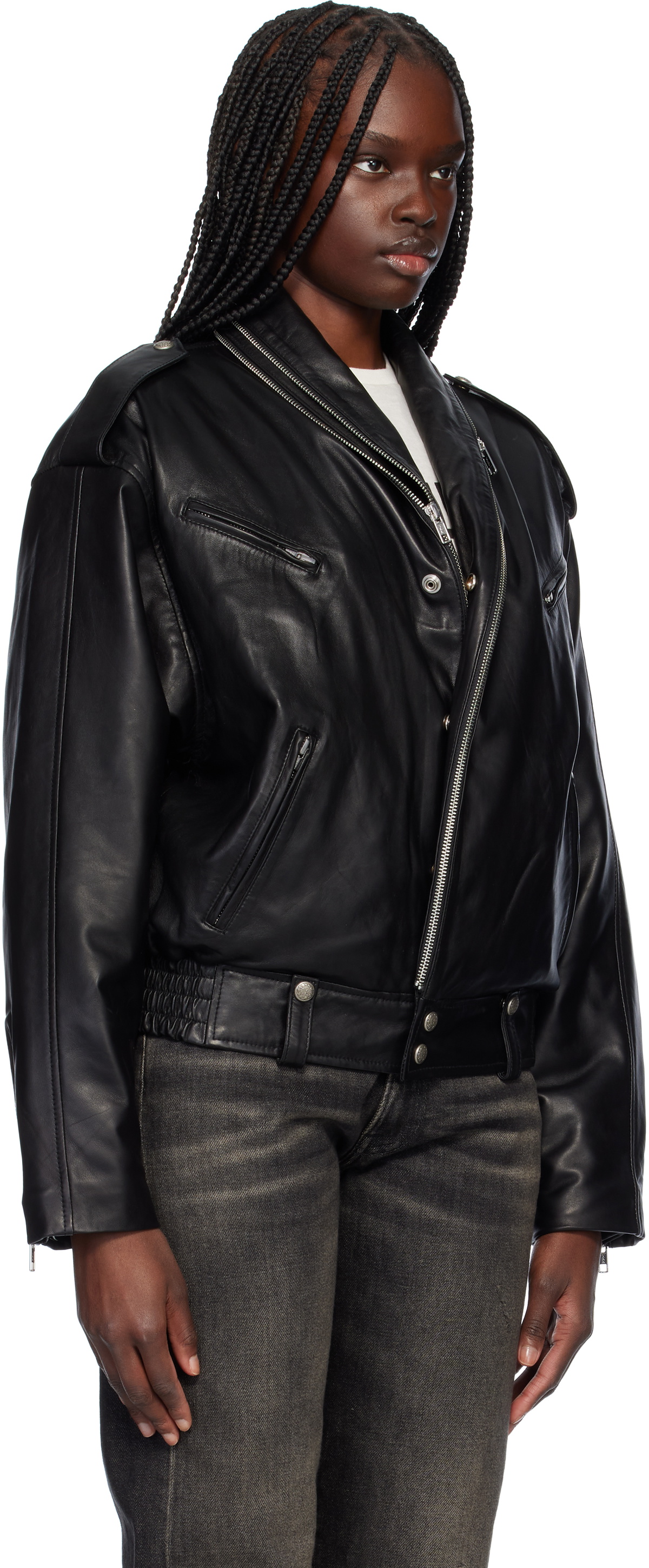 R13 Black Zip Collar Motorcycle Leather Jacket R13