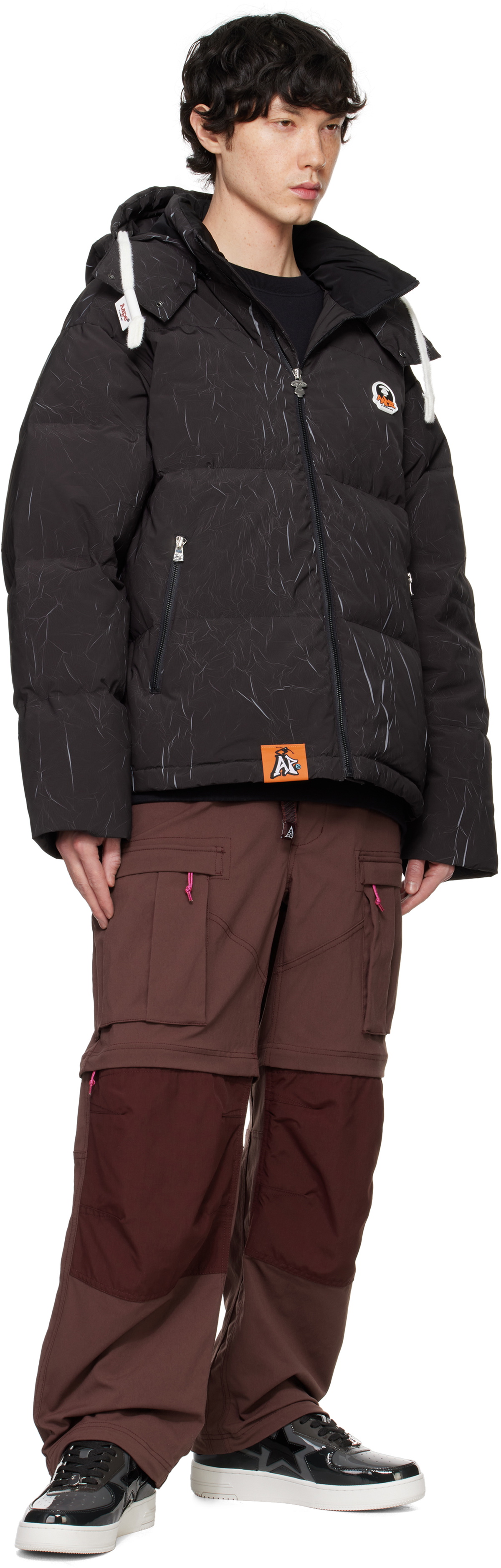 AAPE by A Bathing Ape Black Moonface Logo Camo Hooded Down Jacket AAPE ...