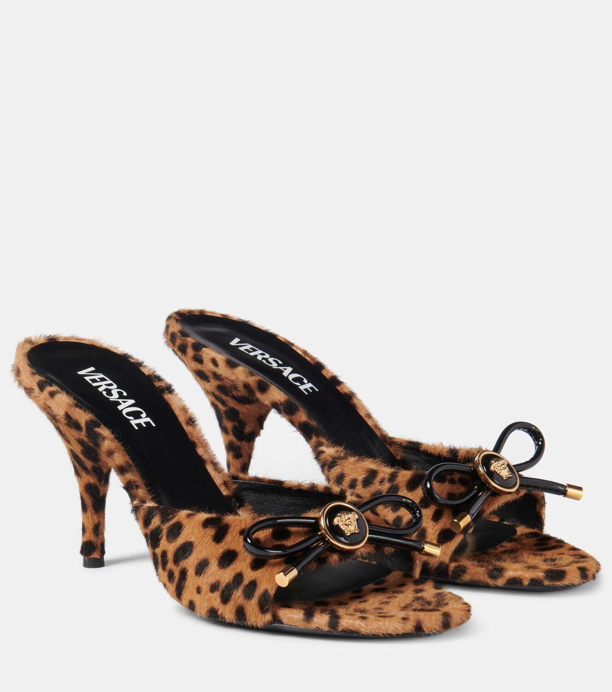 Versace Leopard Opera Bow 95 shearling mules Versace