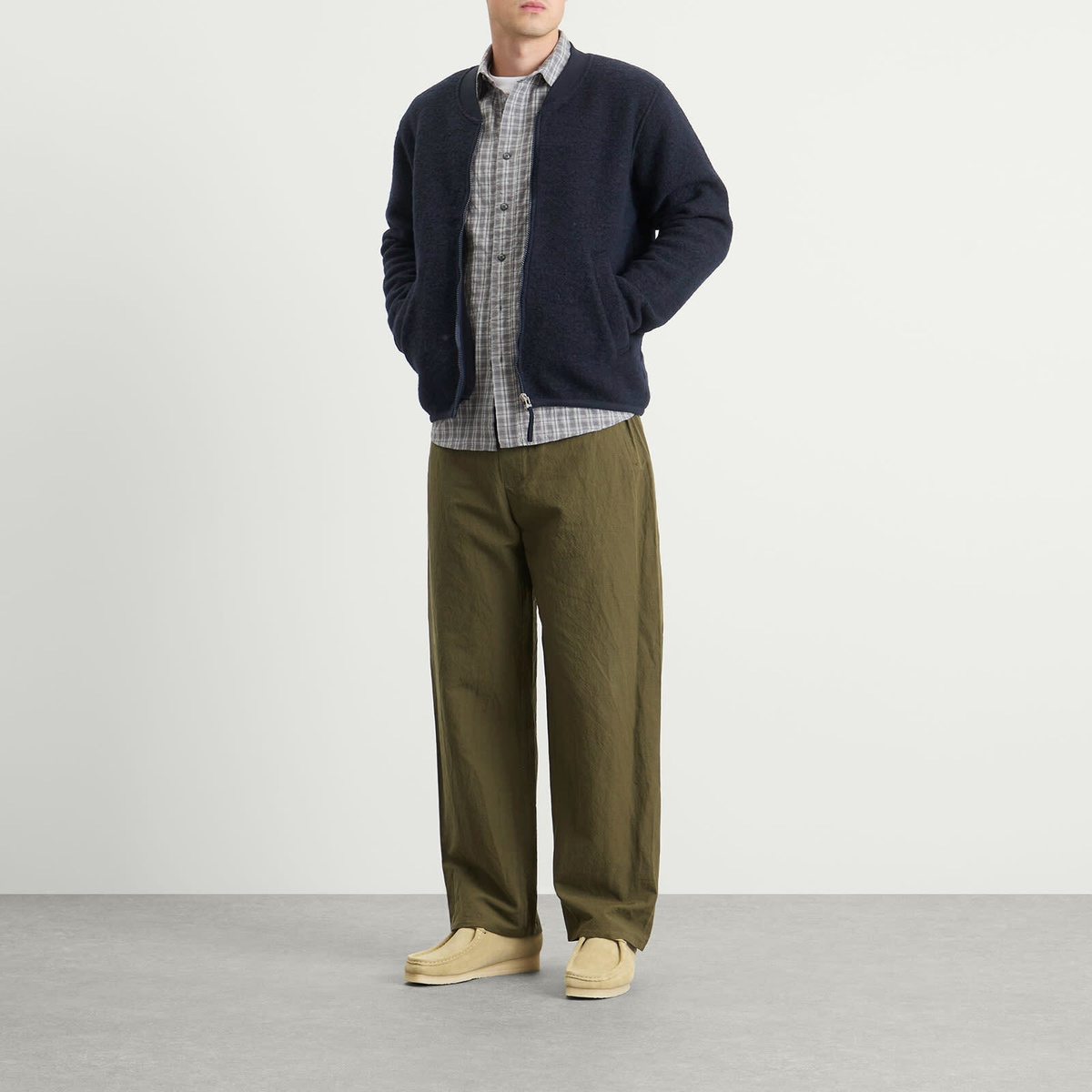 Universal Works Men's Wool Fleece Zip Bomber Jacket in Navy Universal Works