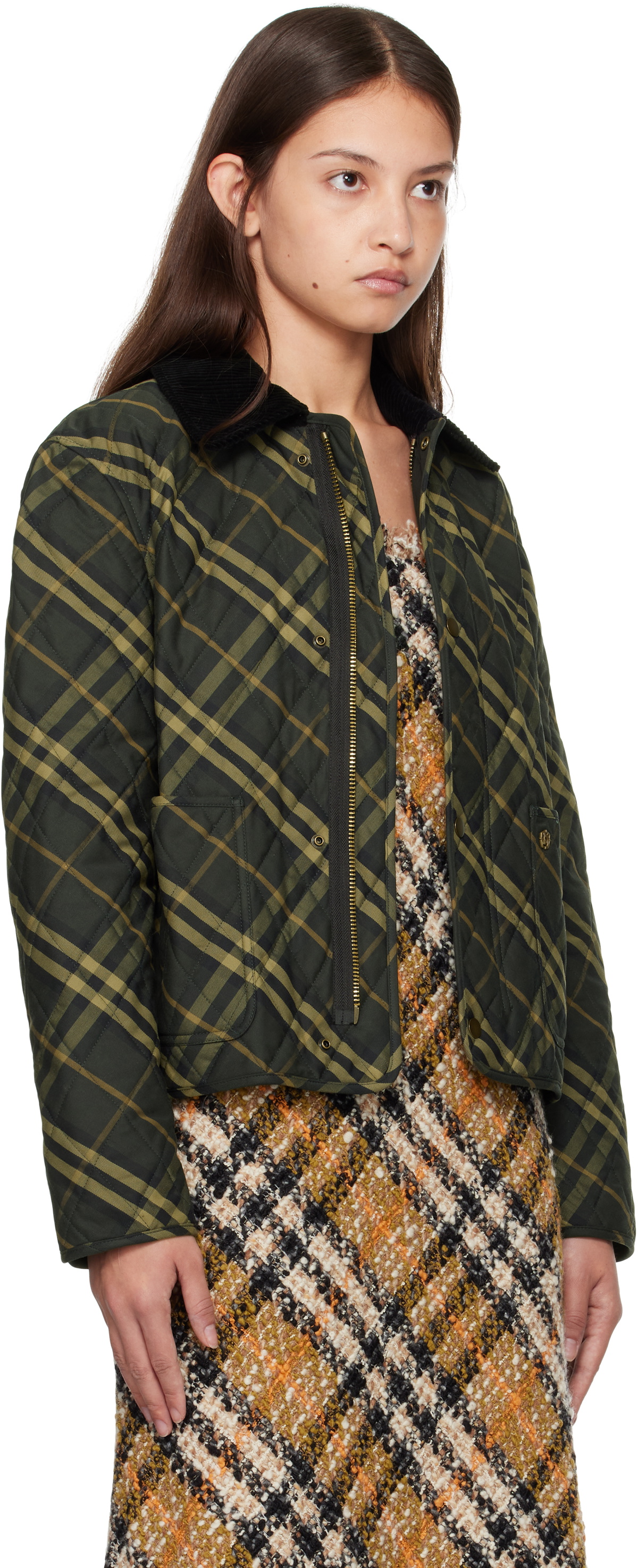 Burberry Gray Cropped Check Quilted Barn Jacket Burberry