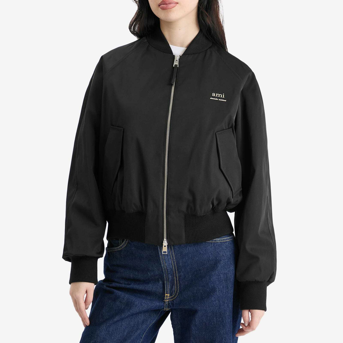 AMI Paris Women's Logo Bomber Jacket in Wool Gabardine Black AMI