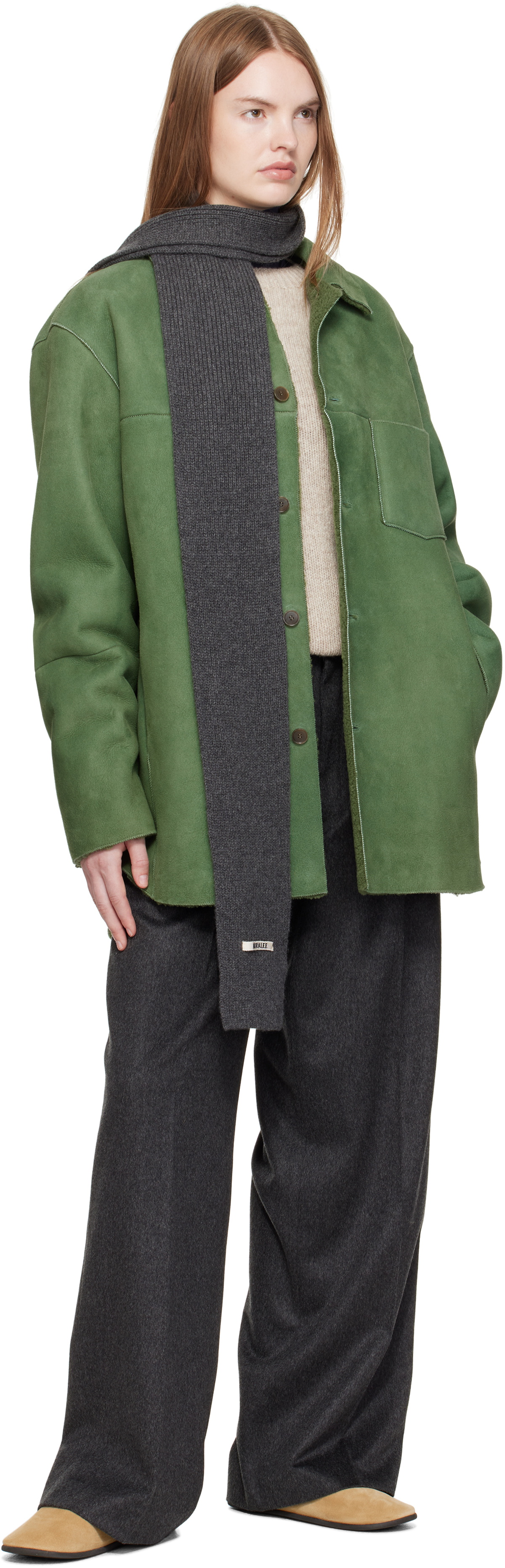 AURALEE Green Merino Mouton Shearling Shirt Jacket Auralee