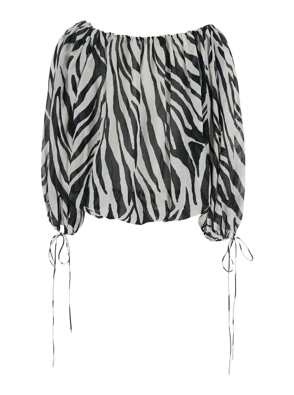 The Andamane wilma Black And White Top With Boat Neck And All-over Zebra Motif In Cotton Woman ...