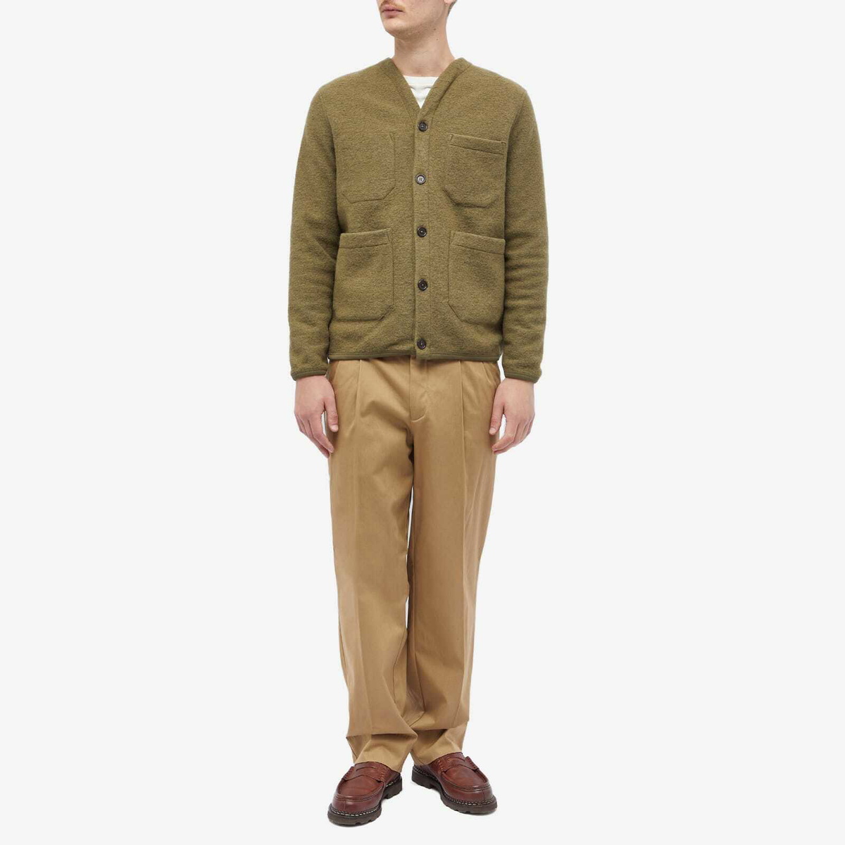 Universal Works Men's Wool Fleece Cardigan in Lovat Universal Works