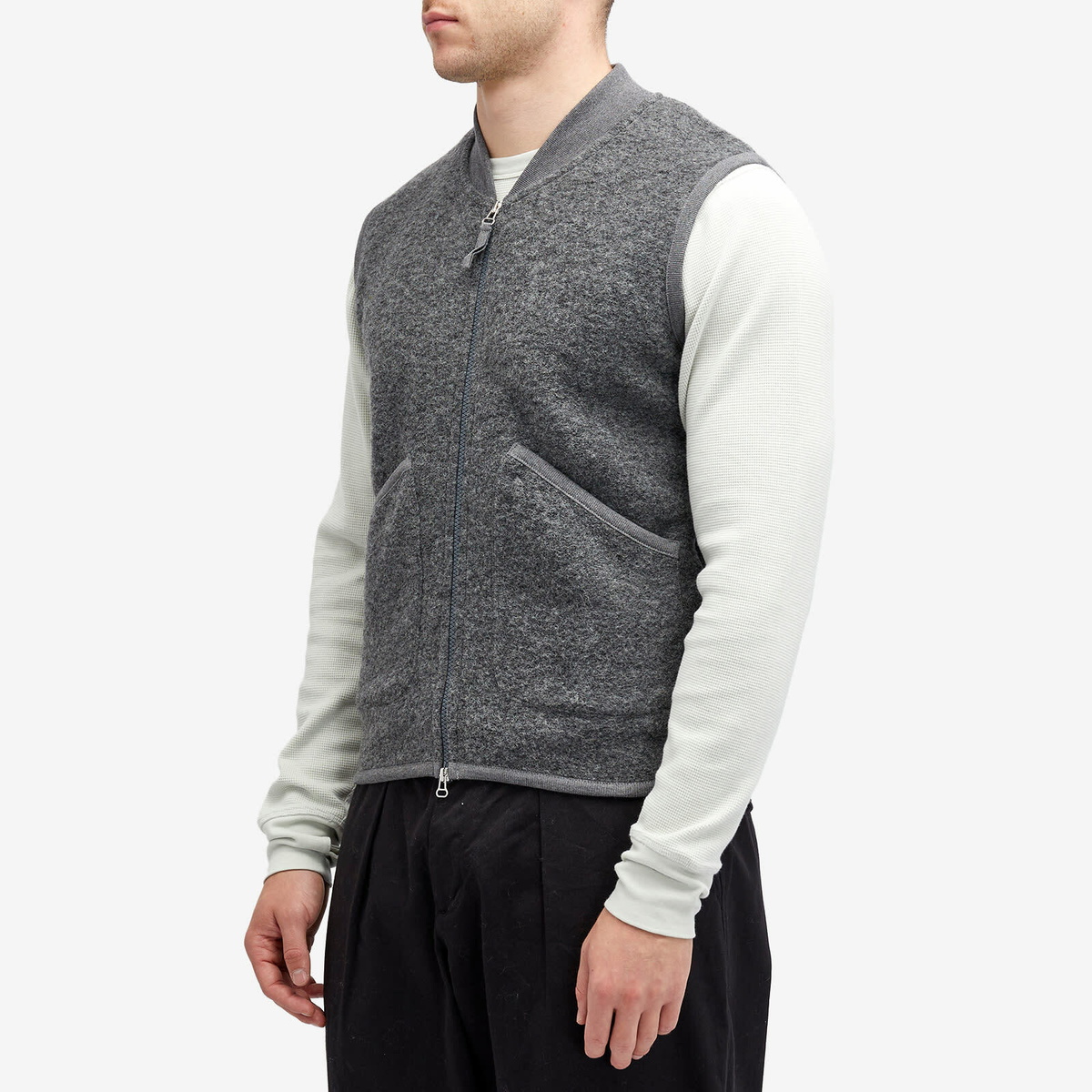 Universal Works Men's Wool Fleece Zip Waistcoat in Grey Marl Universal ...